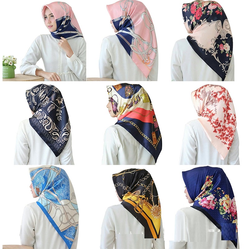 (38 Pilihan) 90x90cm Tudung Bawal Satin Scarf Square Muslim Hijab ...