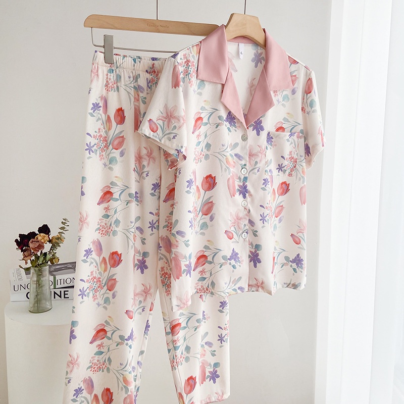 Spring New Tulip Print Short Sleeve Pajamas Suit 2PCS Women Sexy Ice Silk Pyjamas Satin ...
