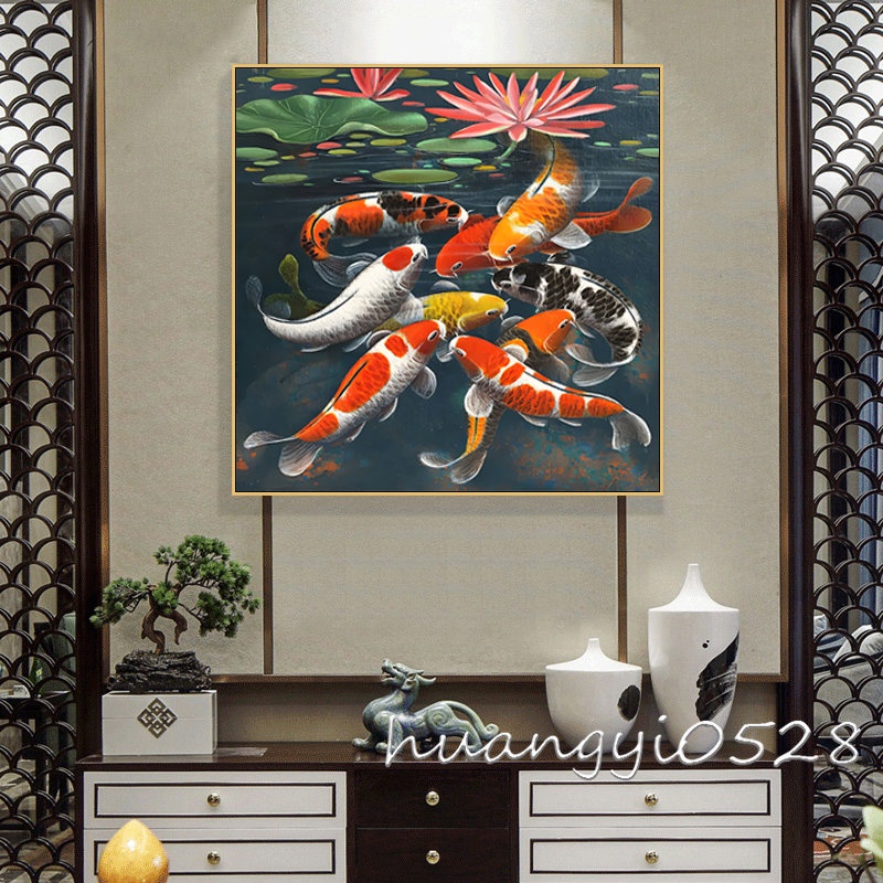 Canvas Painting Chinese Style Nine Fish Figure Koi Lotus Home ...