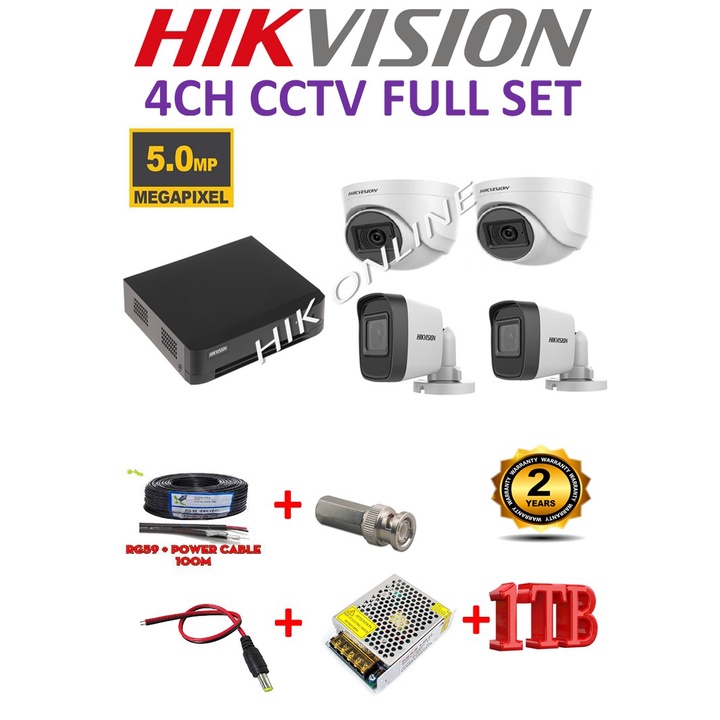 HIKVISION 5MP FULL SET 4-CHANNEL 5MP HD CCTV 4CH DVR + CAMERA + 1TB ...