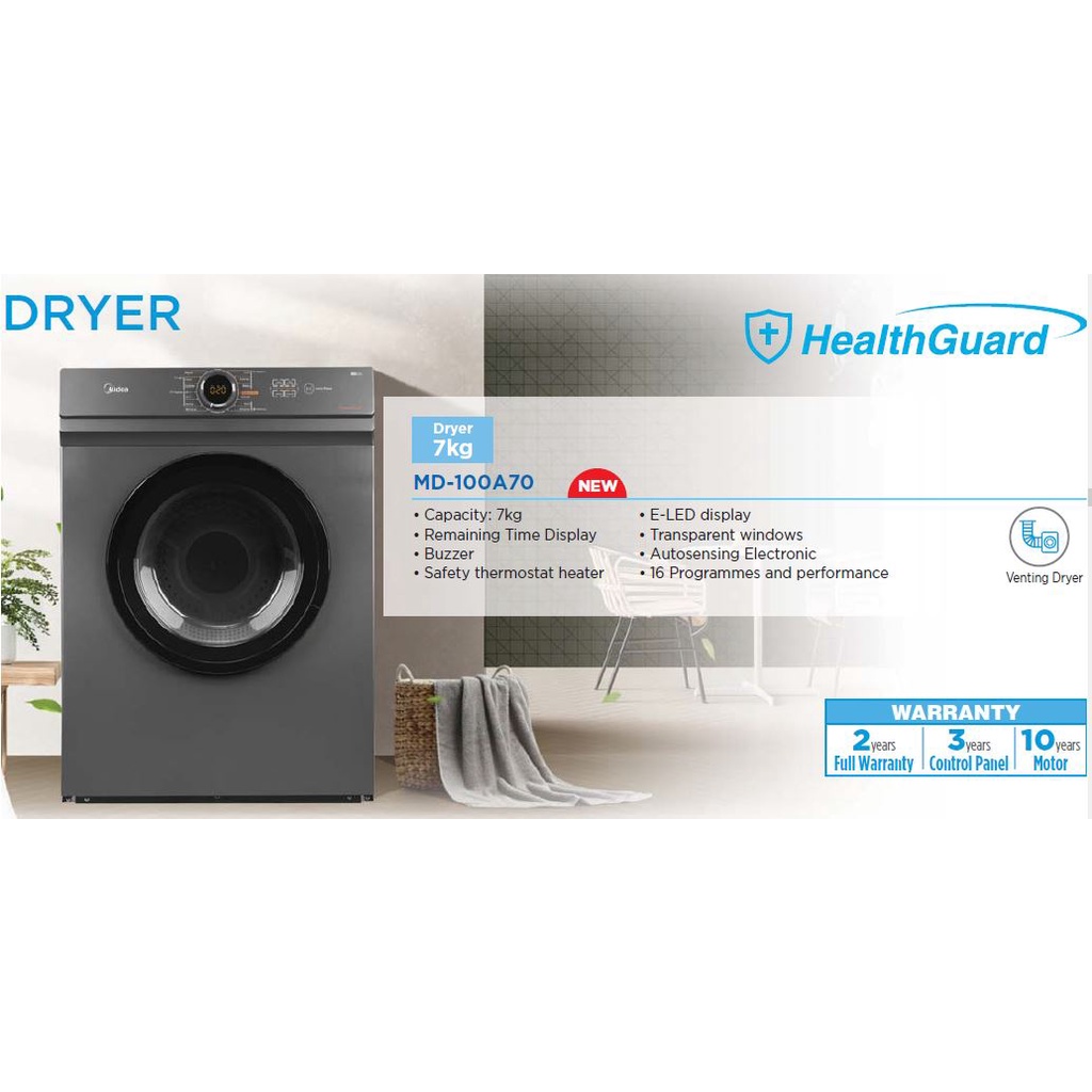 Midea MD-100A70 7KG Vented Clothes Dryer Mesin Pengering Baju Pakaian ...