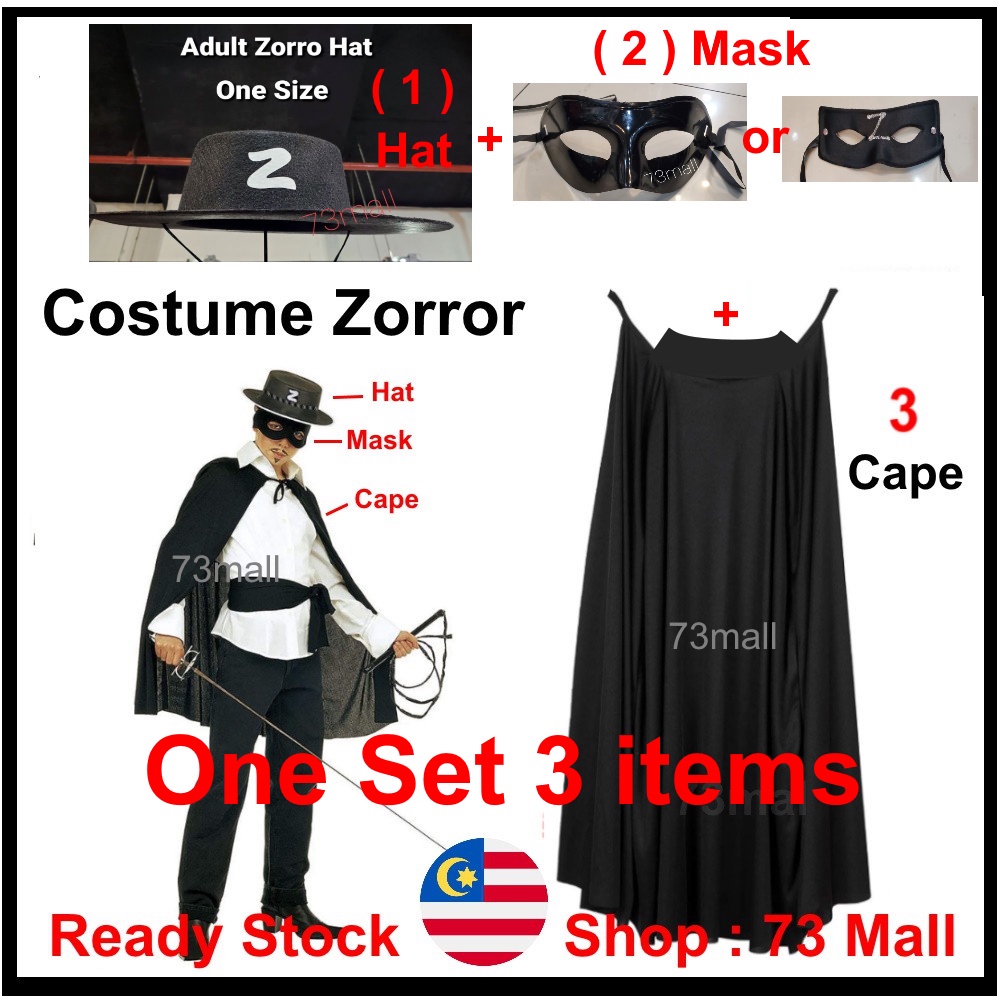[73Mall🇲🇾] Zorro Costumes Mask, Cape & Hat Party Adults & Children Men ...