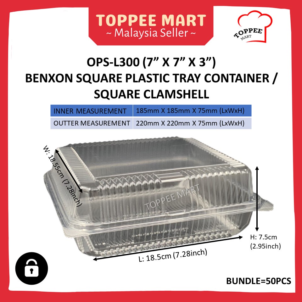 OPS-L300 (BUNDLE=±50PCS) 7” X 7” X 3” SQUARE Plastic Tray Food ...
