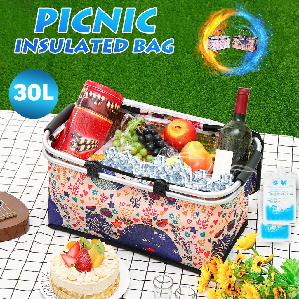 30L Folding Picnic Lunch Bag Camping Insulated Bag Cooler Hamper with 2 ...