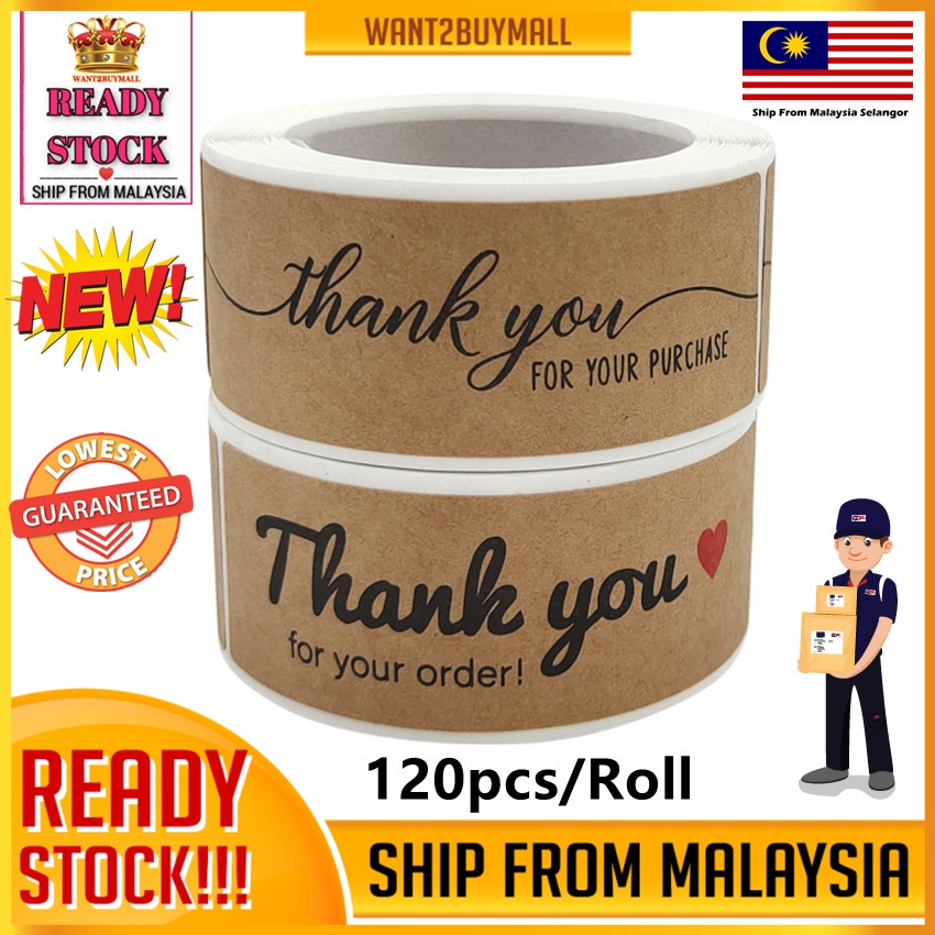 🇲🇾 7.5cm 120pcs Roll Kraft Paper Thank You Sticker Label TQ Stickers ...
