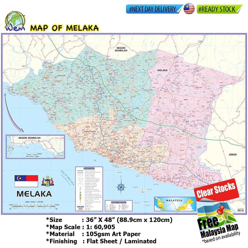🇲🇾 MAP OF MELAKA (36” x 48” / 88.9cm x 120cm) Malaysia State | Shopee ...