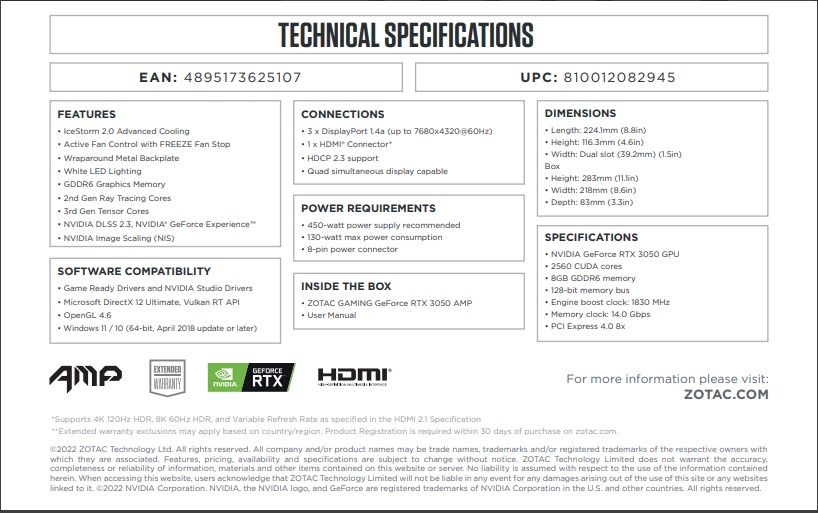 ZOTAC GAMING GeForce RTX3050 AMP Graphics Card ( ZT-A30500F-10M ...