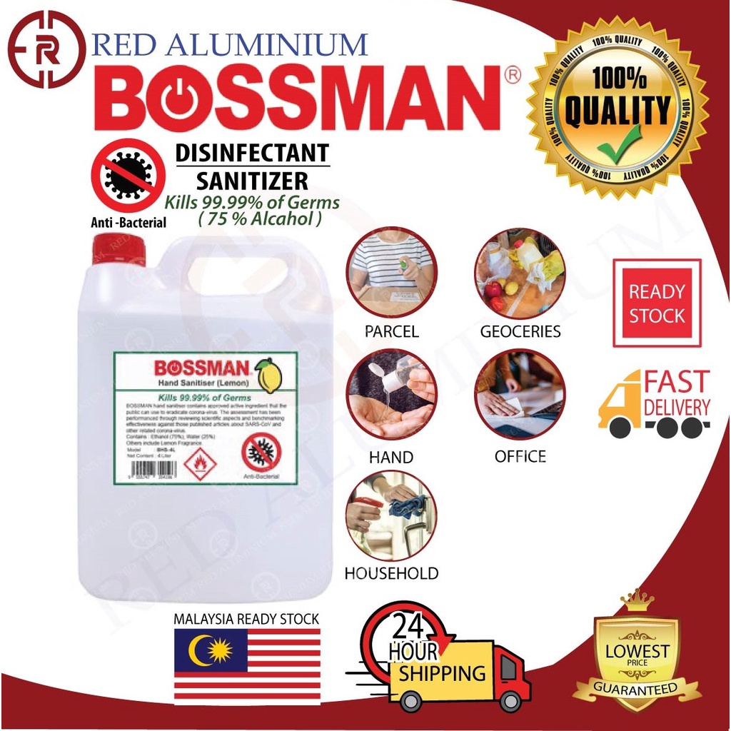 Bossman disinfectant sanitizer Anti-Bacterial kills 9.99% of germs 75% ...