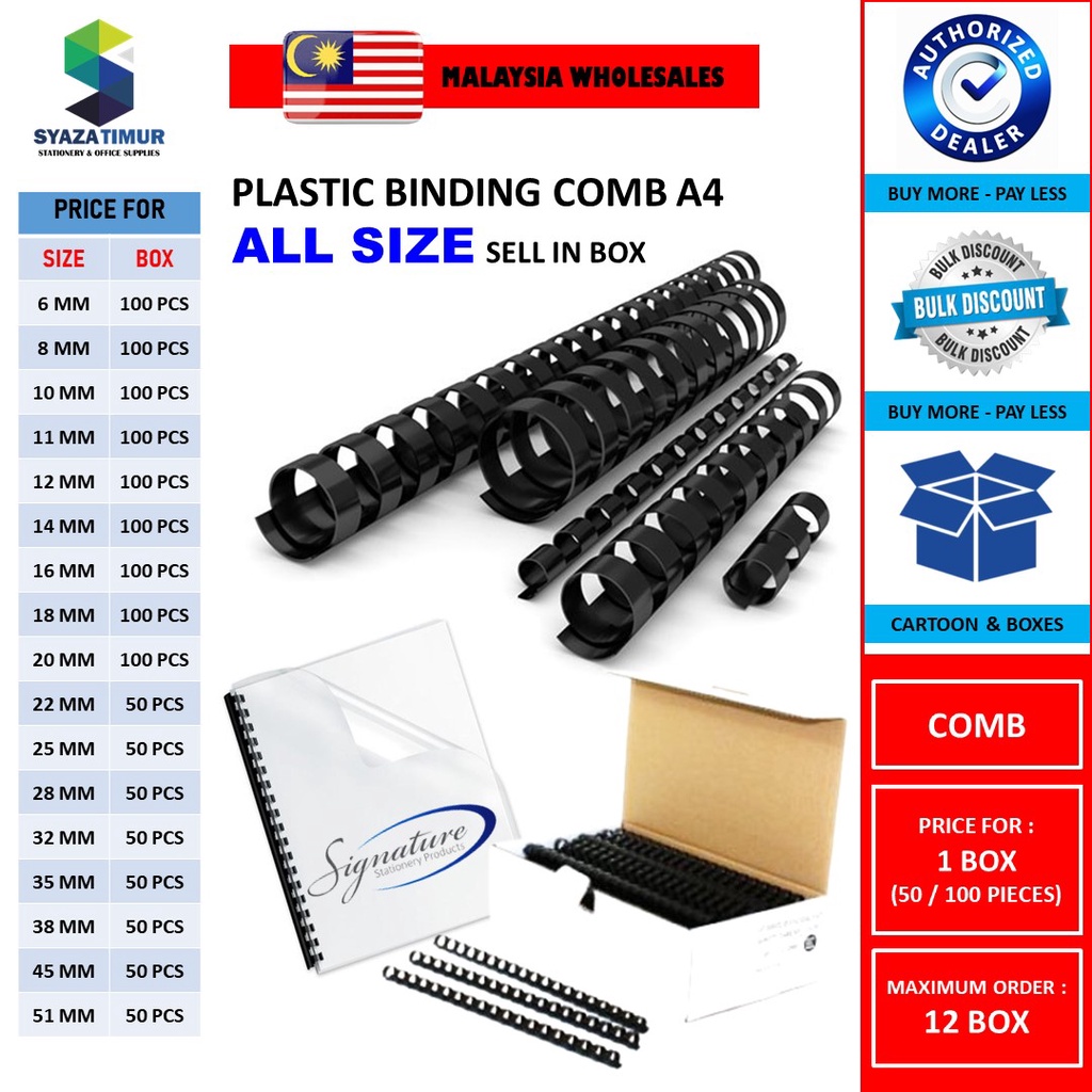 [ST-GR MY] 1 BOX Plastic Binding Comb A4 Black All Size | Comb Binding ...