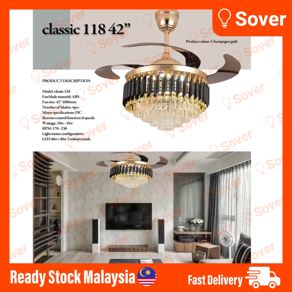Crystal Chandelier DC Motor Ceiling Fan 42'' 6 Speed 3 Color LED Remote ...