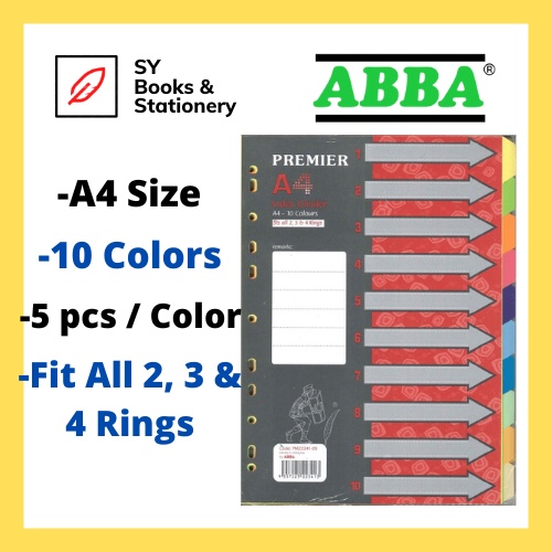 ABBA A4 10 Colour Index Divider / Paper Organizer /Paper Organiser ...