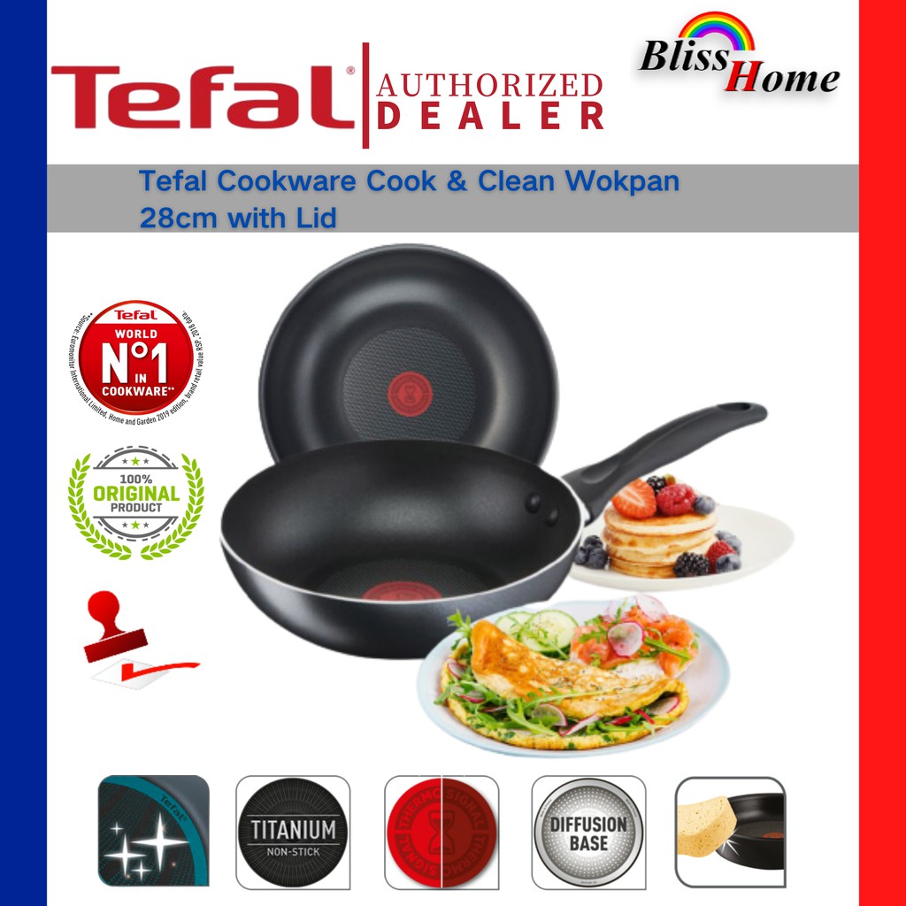 Tefal Cook & Clean 28cm Non Stick Wokpan + Glass Lid B22572 Deep Wok Stir Fry Pot Kuali Periuk ...