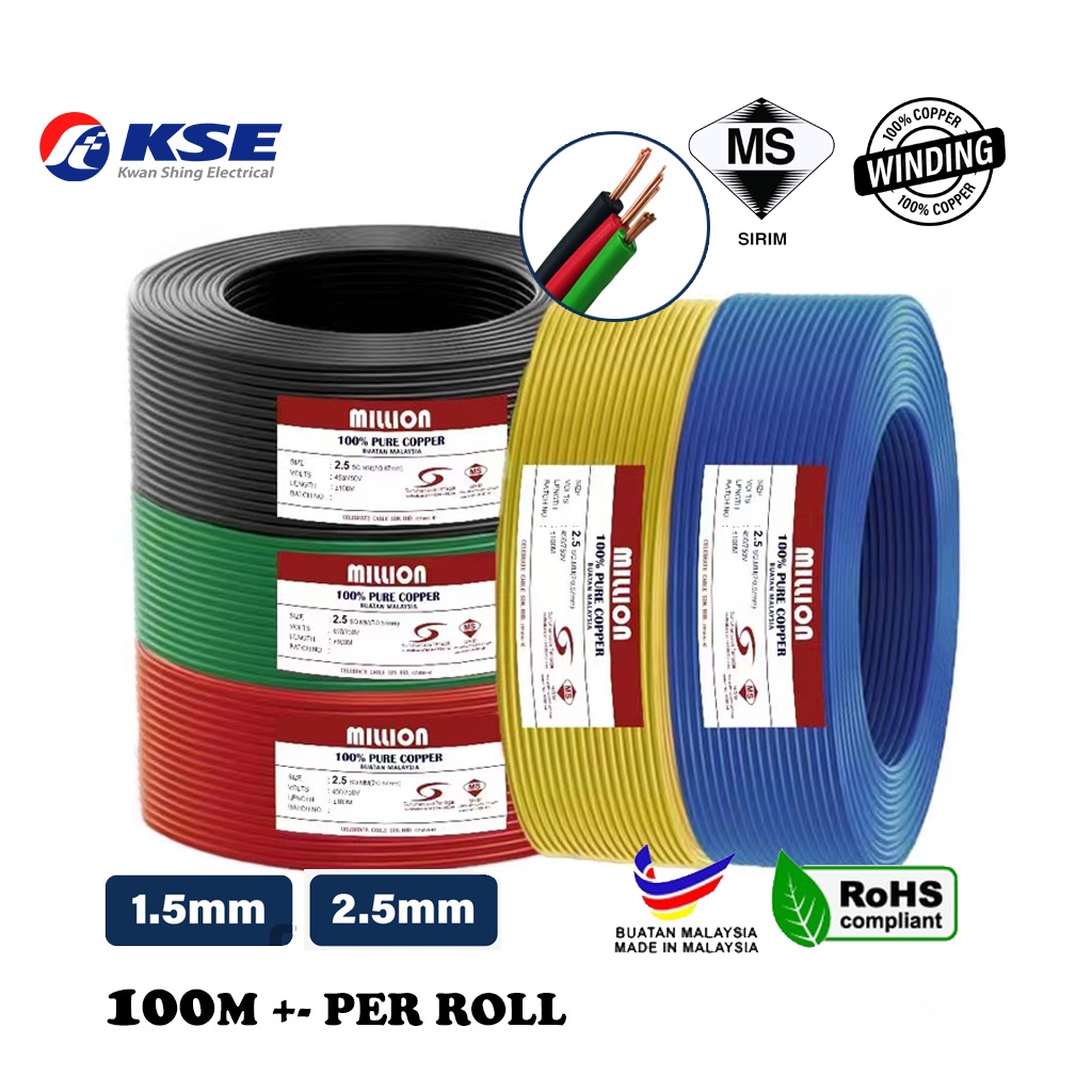 MILLION & PIPC PVC wire Cable SIRIM 100% Pure Copper (1.5mm/2.5mm ...