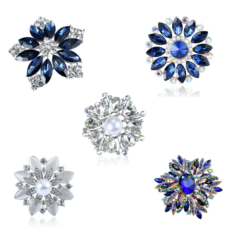 Blue Gem Brooch Pearl Rhinestone Flower Brooches Personality Big Chest ...