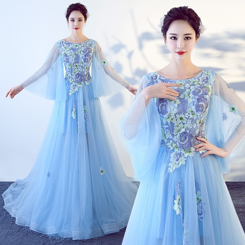 po blue or green long sleeve fairy fishtail prom wedding gown dress ...