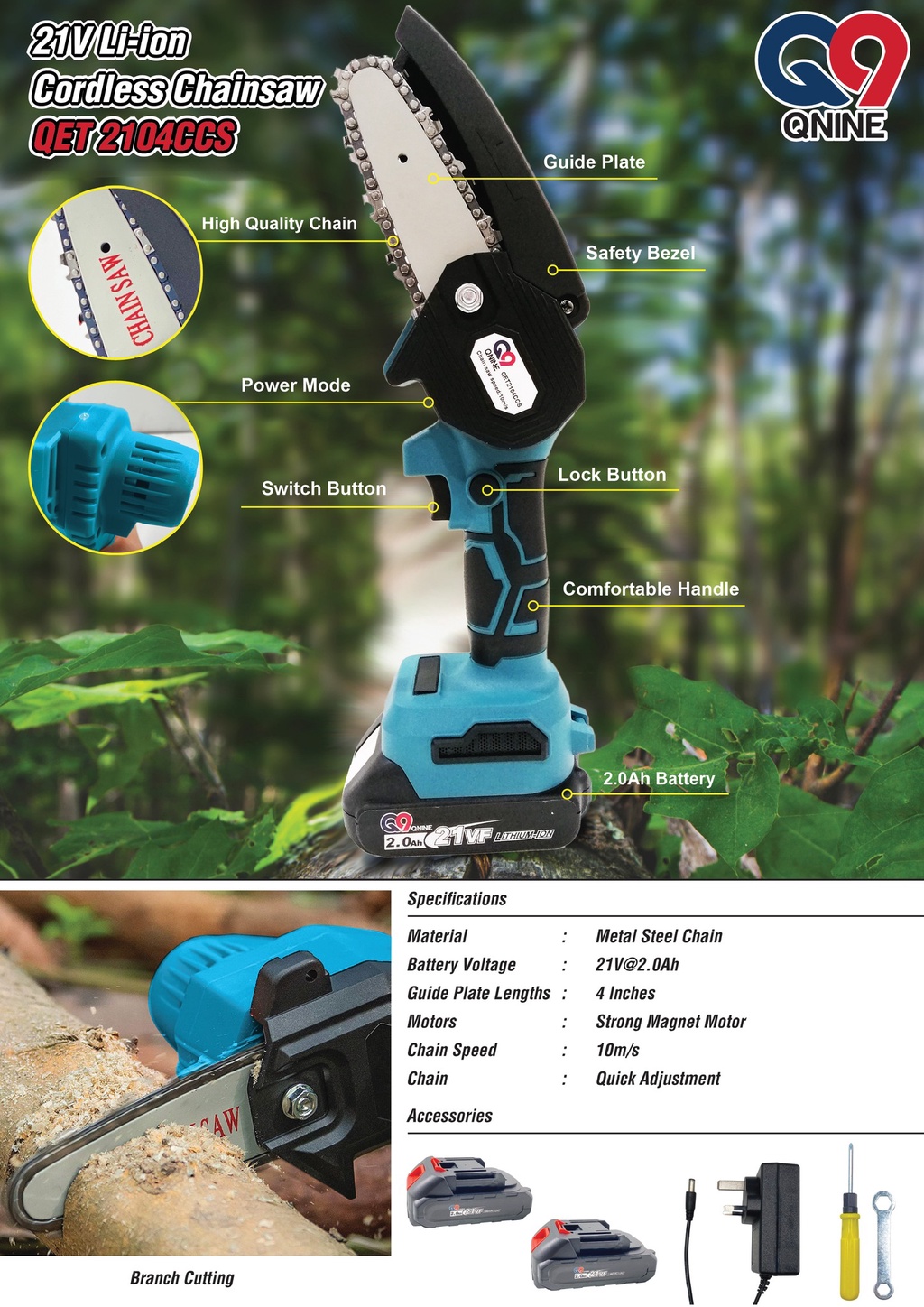 Q9 21V Cordless 4" Mini Chainsaw | Handheld One Hand Chain Saw | Wood ...