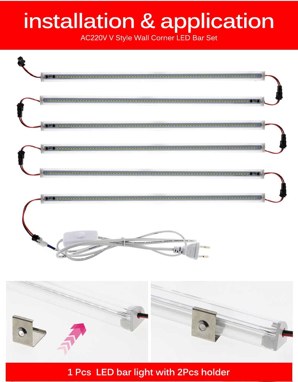 1-6 Pieces Set V Shape LED Strip Light 220V 8W 50cm 72LED Corner LED ...