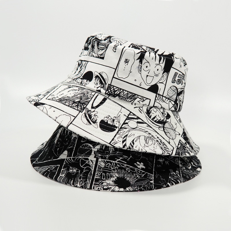 Fashion Anime Cartoon Fisherman Bucket Hat Summer Black and White Basin ...
