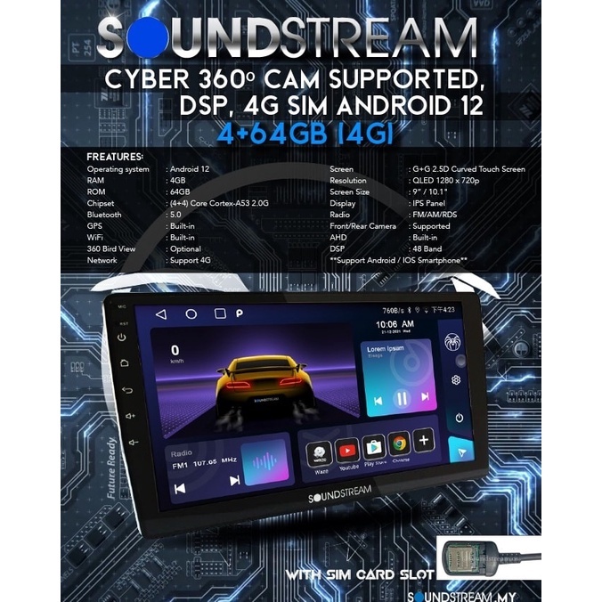 10 INCH SOUNDSTREAM CYBER 360 Cam Supported, DSP, 4G SIM Android 12 Car ...
