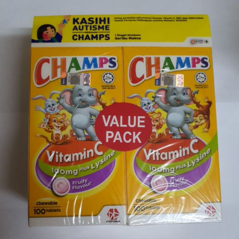 Champs Vitamin C 100mg Plus Lysine Chewable Tablets 2x100s (Fruity ...