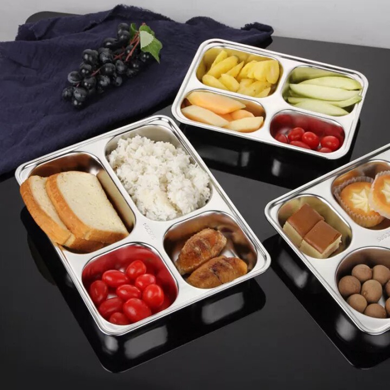 4 Compartments Lunch Box Stainless Steel Food Containers Tray With Lid ...