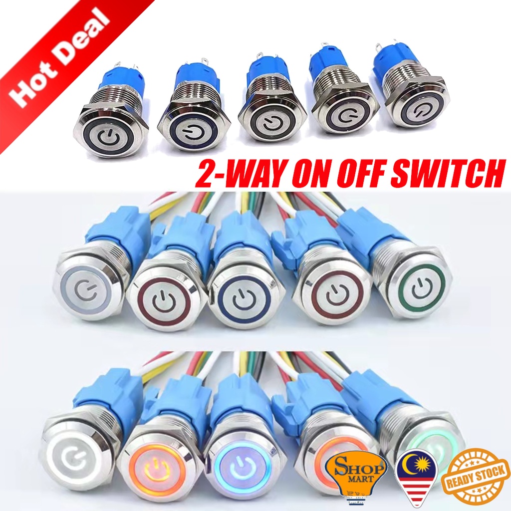 Car 12V 2-Way On Off Switch with Led Light Metal Push Button On Off ...