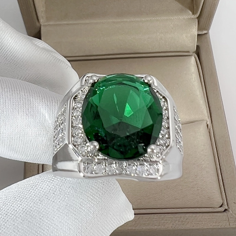 S925 Cincin Lelaki Silver Full Diamond Domineering Green Crystal Ring ...