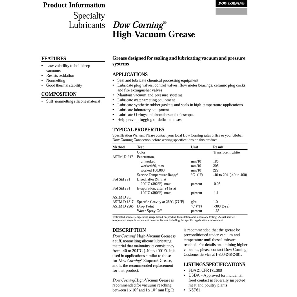Dow Corning High Vacuum Grease Molykote HVG By Dupont 150g tube ...
