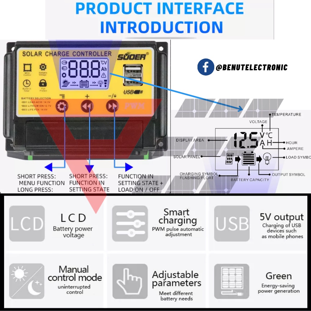 12V/24V 20A/30A Suoer Solar Controller Auto USB Charge Controller Solar Panel LCD Display PWM ...
