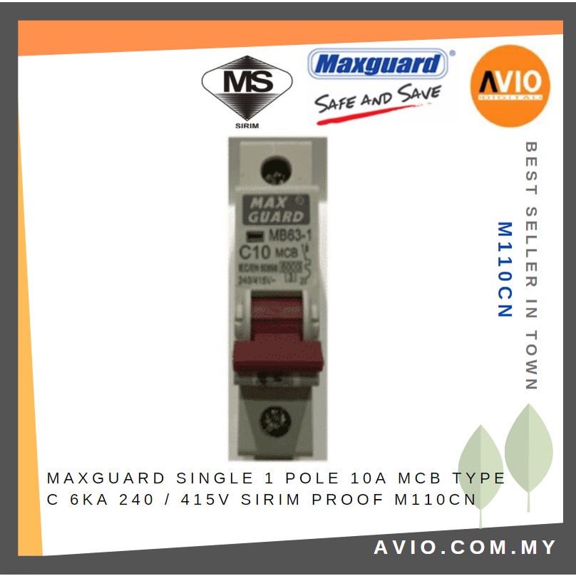 Maxguard Single 1 Pole 10A MCB Circuit Breaker Type C 6KA 240V / 415V ...