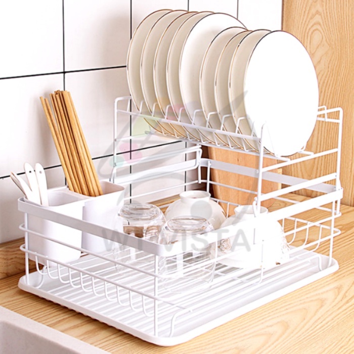 Dish Rack Double Decker Steel Dish Drainer with Drain Tray 2 Tiers ...