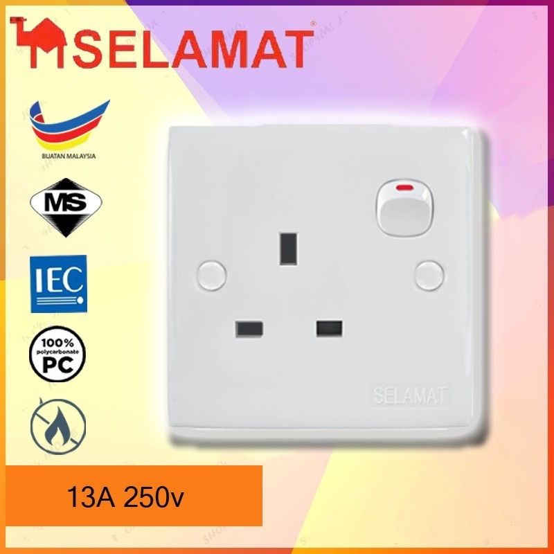 SIRIM Selamat 13A 250V 1 Gang 3 Pins Switched Switch Socket 2K-131 ...