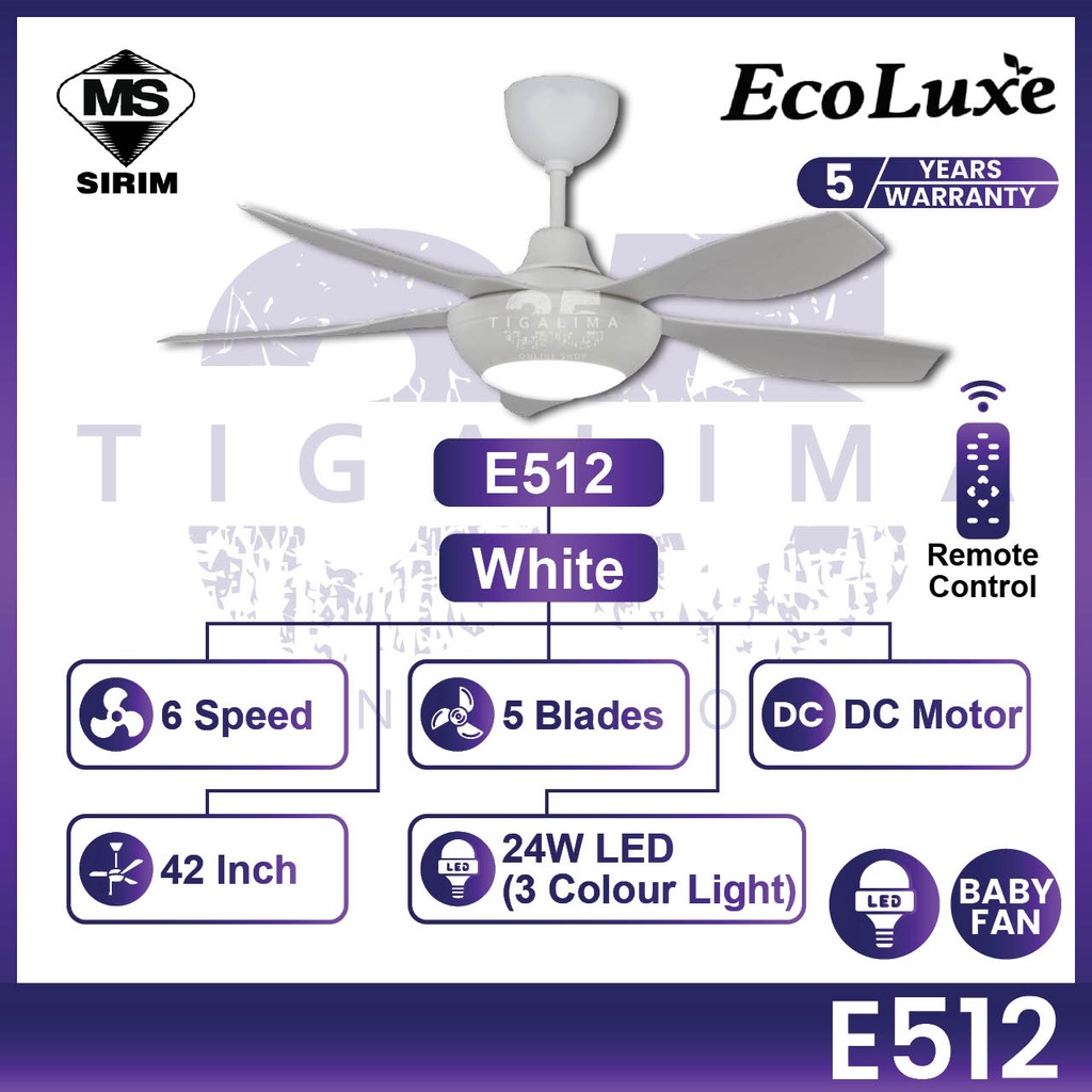 ECOLUXE E512 42Inch 5 Blades 6 Speed DC Motor with Remote Control ...