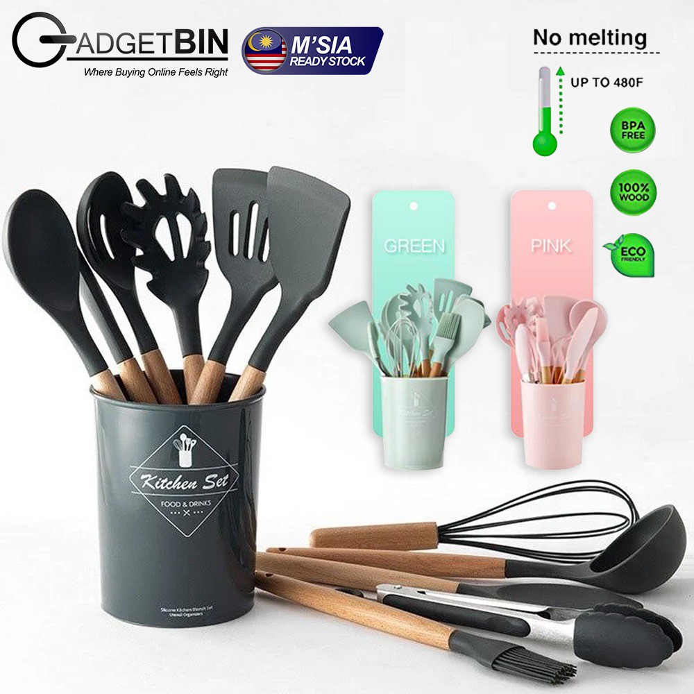 12 PCS FDA Approved Kitchen Utensils Set Silicone Natural Wooden Handle ...