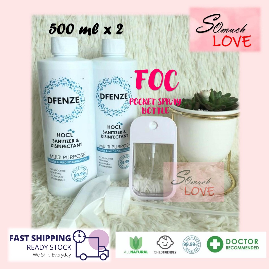 Malaysia Ready Stock-FOC Pocket Spray Bottle + 2x 500ml DFENZE Hocl ...