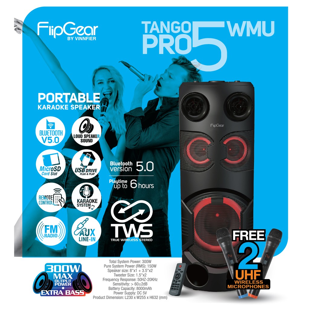 VINNFIER FlipGear Tango Pro 5 WMU Portable Wireless Bluetooth Karaoke Speaker System /Free 2 x ...