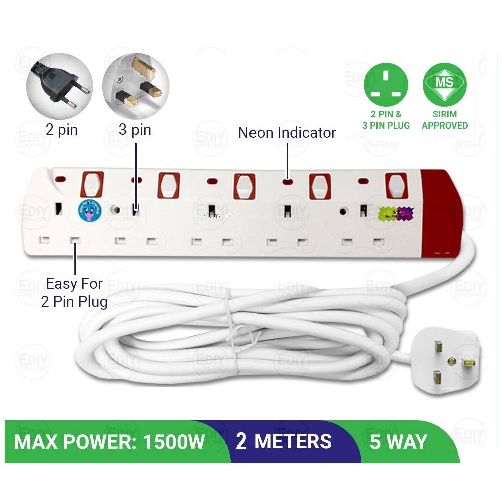 5 Gang Power Socket Wire Extension 2meter Wire Cord For Home Electrical 3 Pin Sirim Plug Power