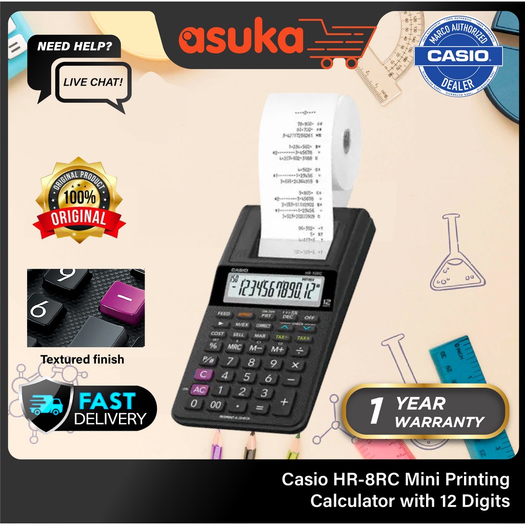 Casio HR-8RC Mini Printing Calculator with 12 Digits (Compact Type ...