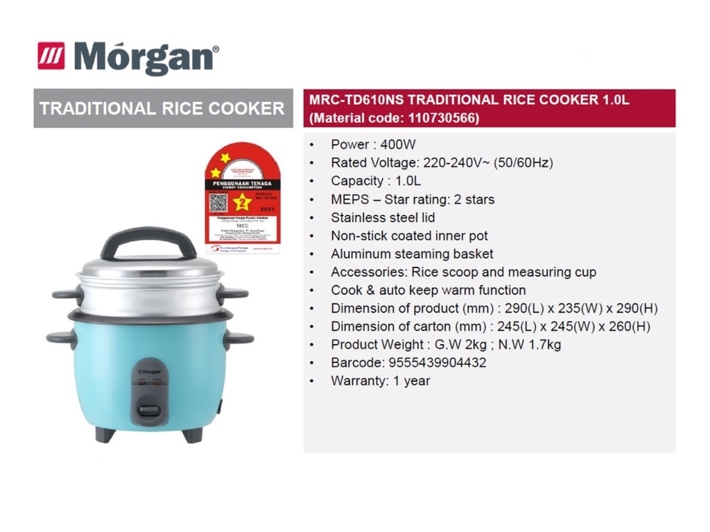 Morgan Rice Cooker (1.0L & 1.8L) Non Stick Pot & Stainless Steel Lid ...