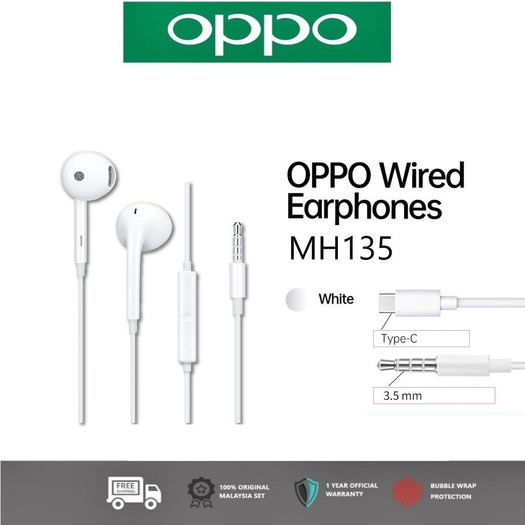 Oppo Wired Earphone TYPE-C | 3.5MM JACK| MH135 Support Music | Call ...