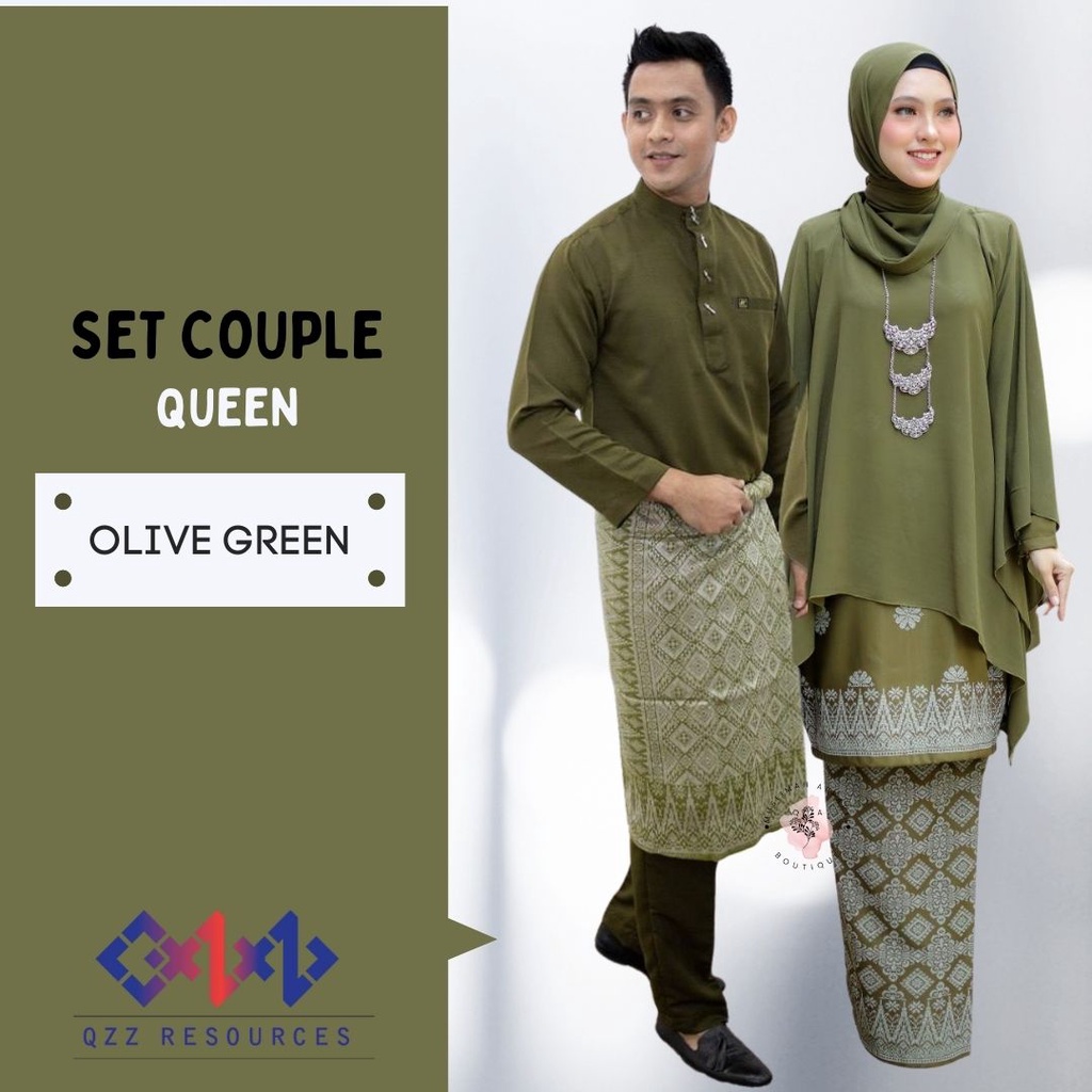 [OLIVE GREEN] SET COUPLE QUEEN BAJU MELAYU CEKAK MUSANG SLIMFIT KURUNG ...