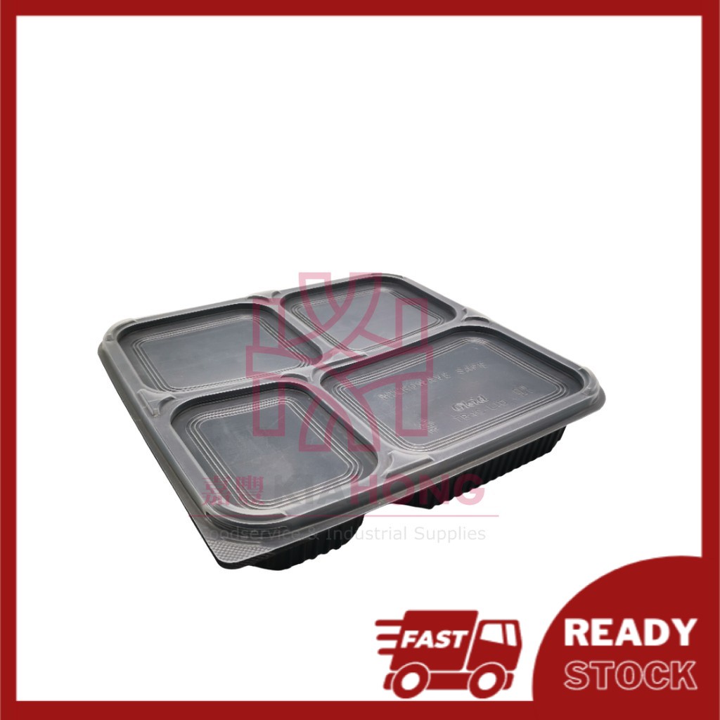 [50 Sets] 4 Compartment Lunch Box With Lid / Food Packaging Black Box ...