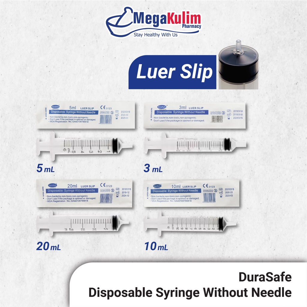 Durasafe Disposable Syringe Without Needle Luer Slip / Luer Lock (3mL / 5mL / 10mL / 20mL ...