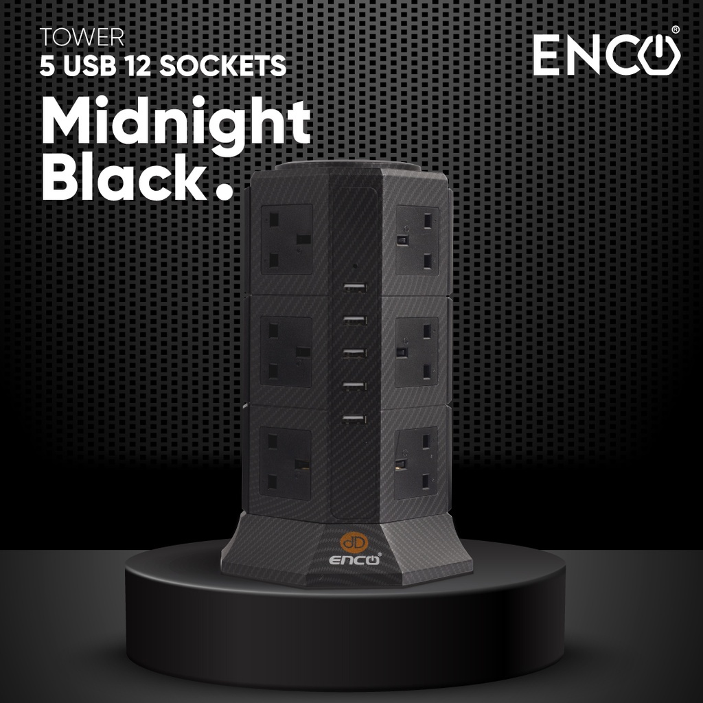ENCO 5U12K (12 UK Plugs 5 USB Ports) Tower Extension / Extension Plug with Surge Protector ...