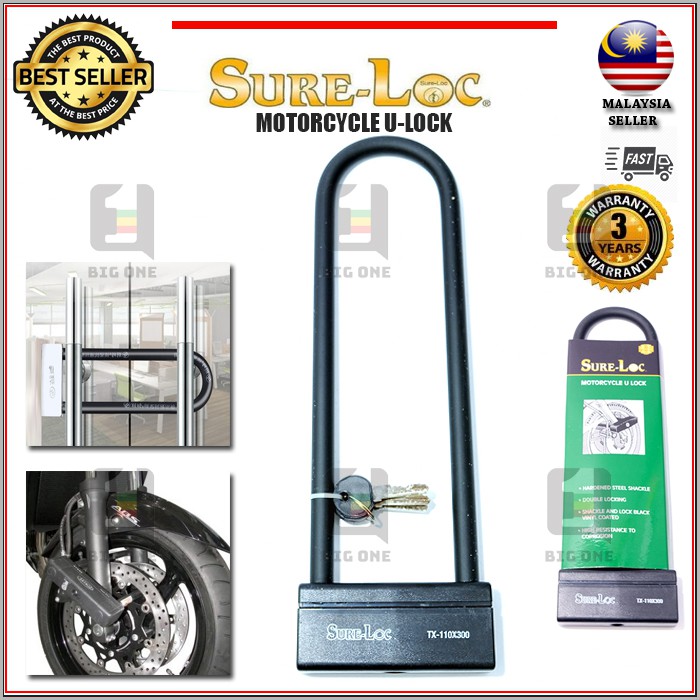 SURE-LOC USA MT300 HARDENED STEEL LONG SHACKLE MOTORCYCLE U LOCK GLASS ...