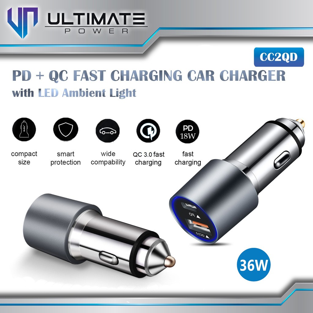 Ultimate Power CC2QD 36W PD+QC Fast Charging Car Charger with LED ...