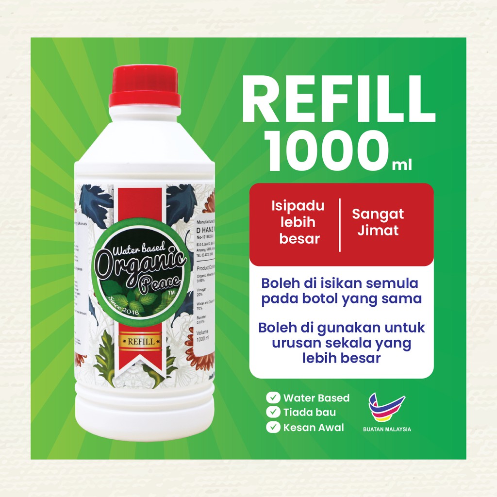 Refill Bottle 1000ml (Water Based ORGANIC RIDSPRAY) Spray Anti Serangga ...