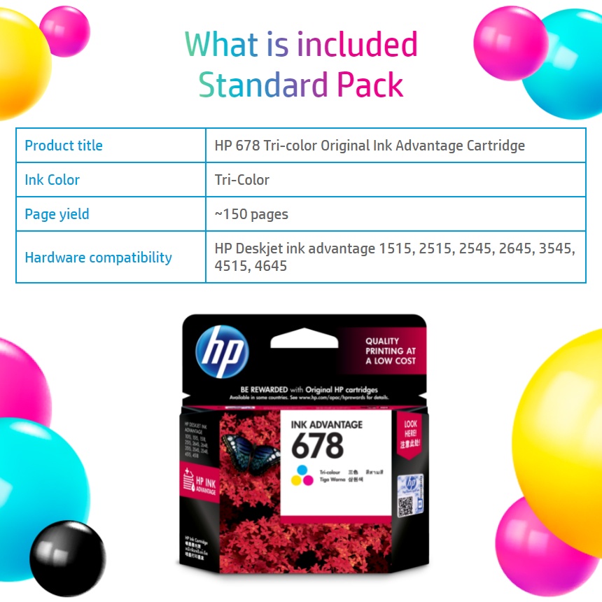 HP 678 Original Ink Advantage Cartridges - Black/Tri-Color | Shopee ...