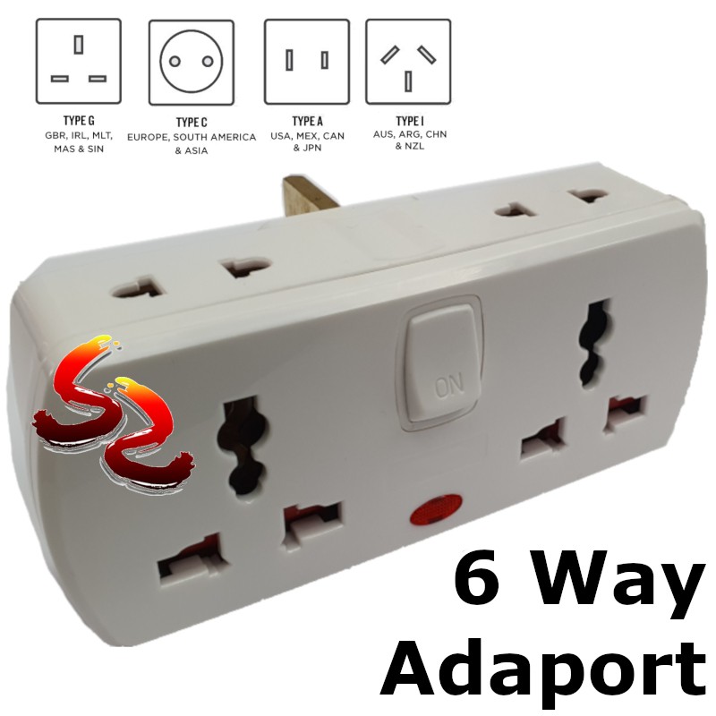 6 Way ADAPORT Multi Universal Plug Switch Socket Adapter Converter ...