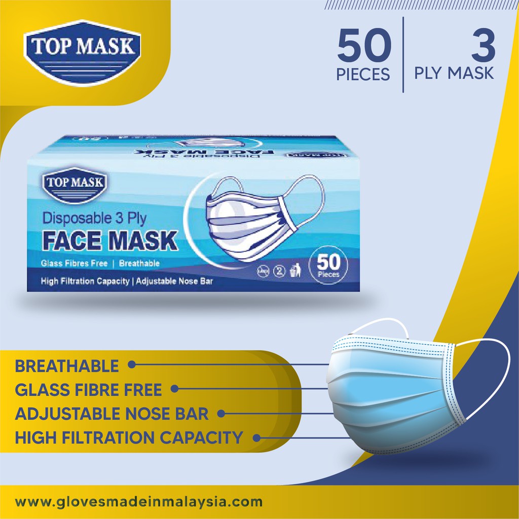 Top Mask Disposable 3 Ply Face Mask By Top Glove - Blue (50 Pcs ...